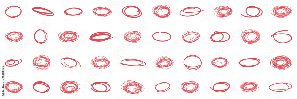Red hand drawn circle element collection. Set of circular stroke for ...
