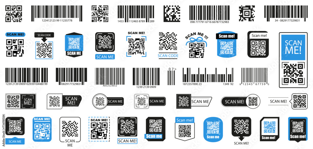 QR code element collection. Set of scan me qr code. Scan QR code frames for smartphone. Scan me ...