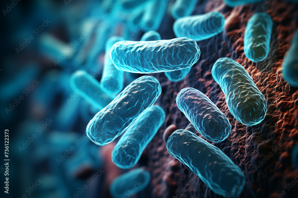 Blue bacteria cells in gut. Lactobacillus bacteria to help support ...
