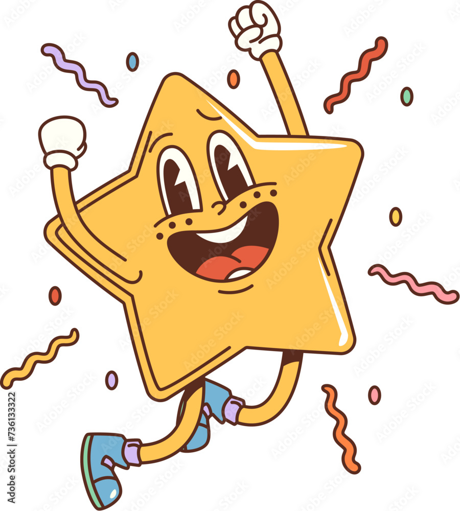 Cartoon star groovy character bursts with vibrant hues, radiating joy ...