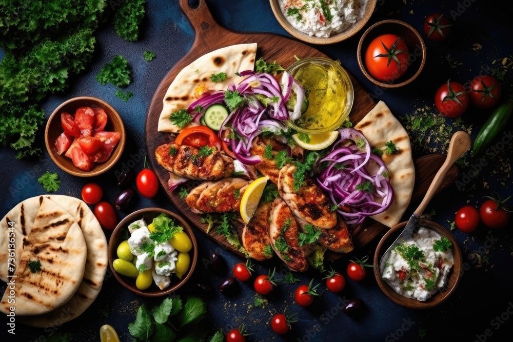 Greek food background. Meze, gyros, souvlaki, fish, pita, greek salad ...