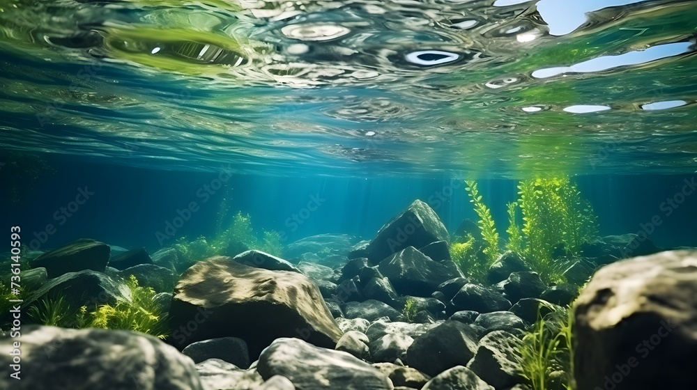 underwater of river natural landscape with stone pebble and water tree ...