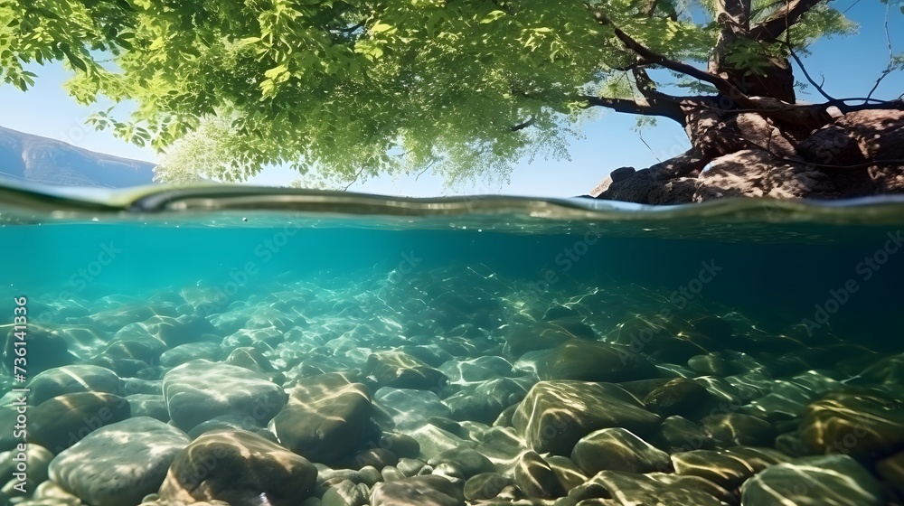 underwater of river natural landscape with stone pebble and water tree ...