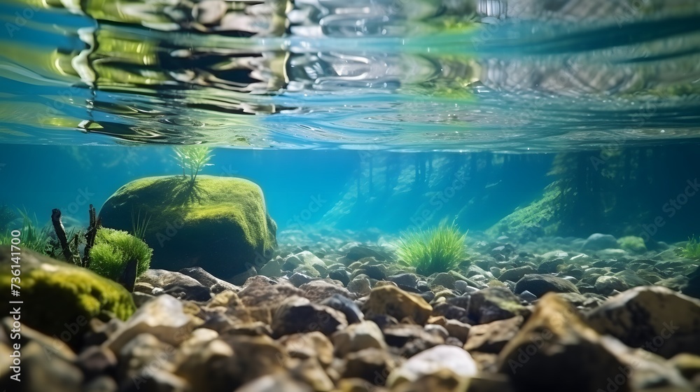 underwater of river natural landscape with stone pebble and water tree ...