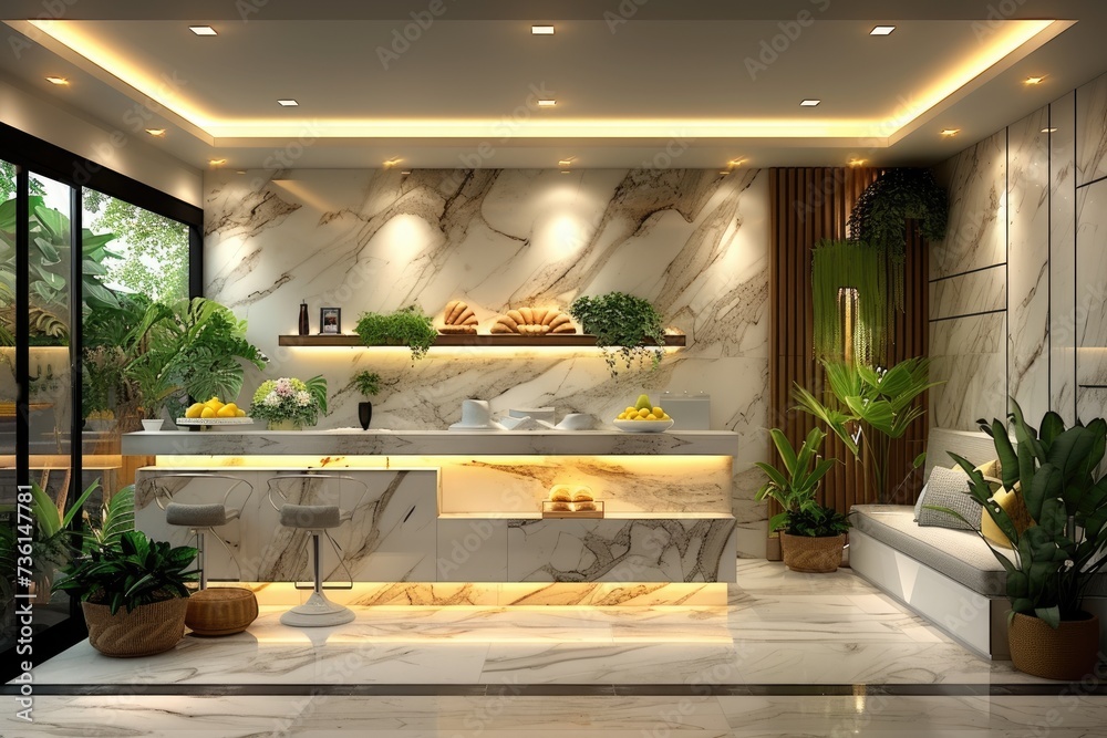 dining table restaurant showing at the top a display of fruits and some ...