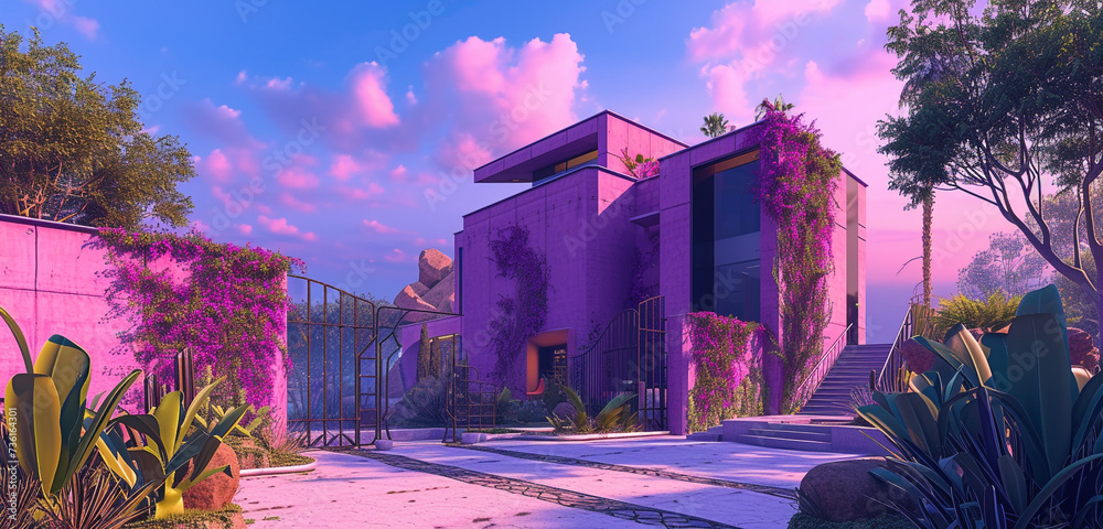 A futuristic residence with a vibrant amethyst purple facade, featuring ...