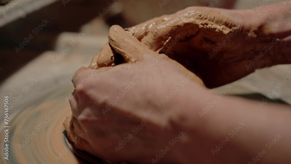 Potter shaping a raw clay on rotating wheel. Skilled craftsman showing ...