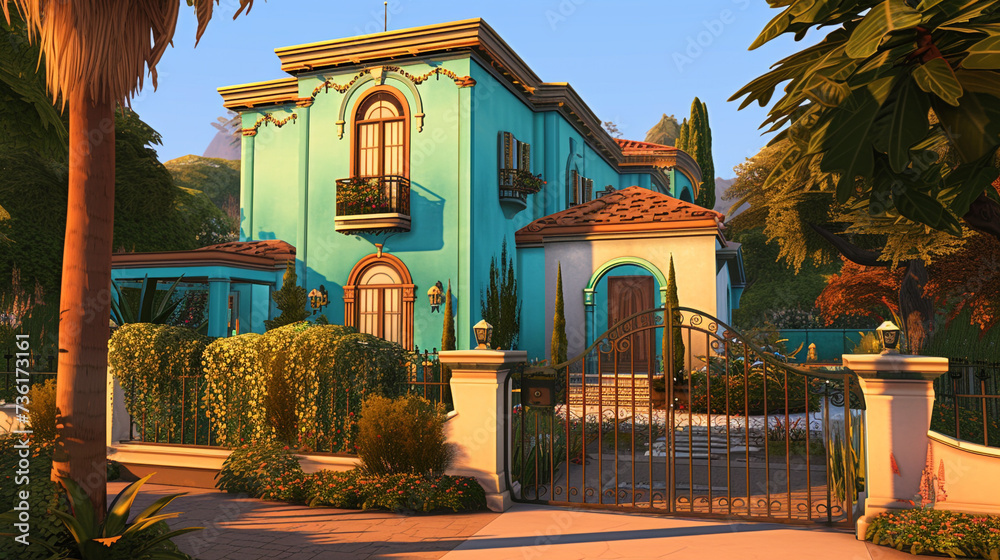 A revolutionary home with a bright turquoise exterior, boasting a ...