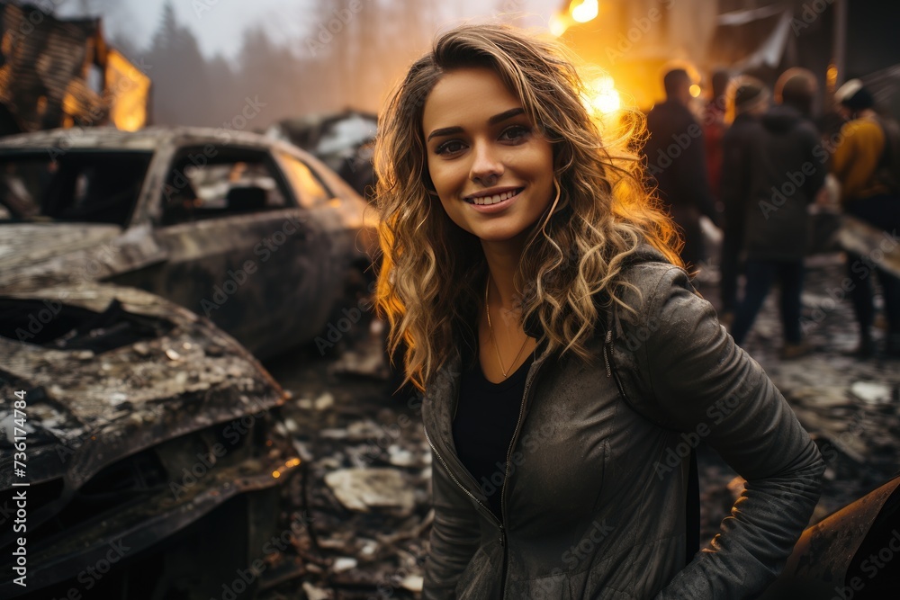 A young woman compulsively takes a selfie in front of a tragic car ...