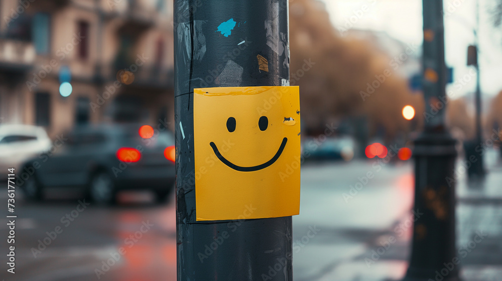Yellow paper smiley emoticon glued to a pole in the middle of a daytime ...