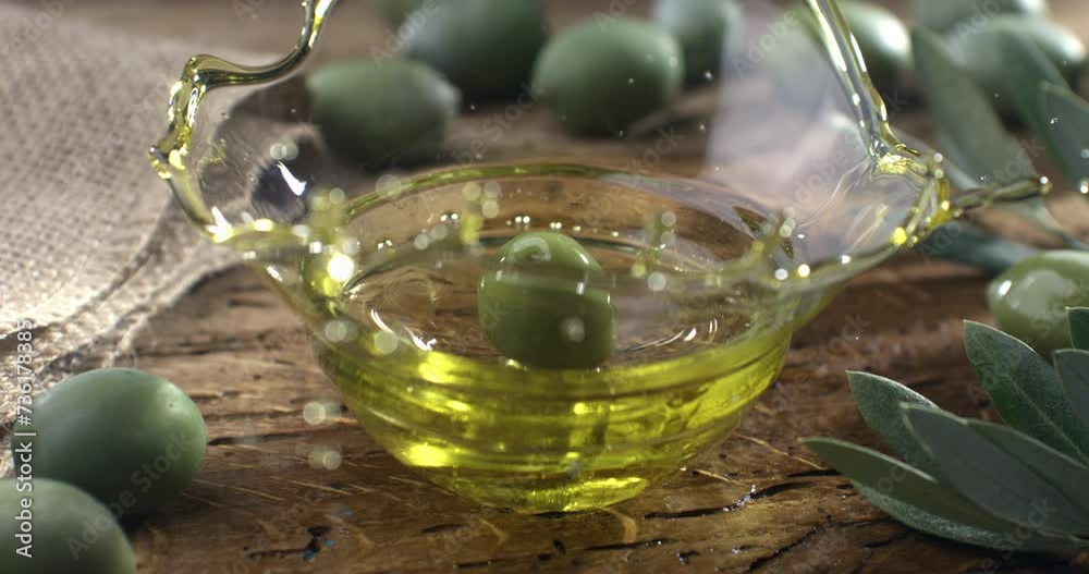 Super slow motion macro of fresh ripe red olive is falling in bio ...