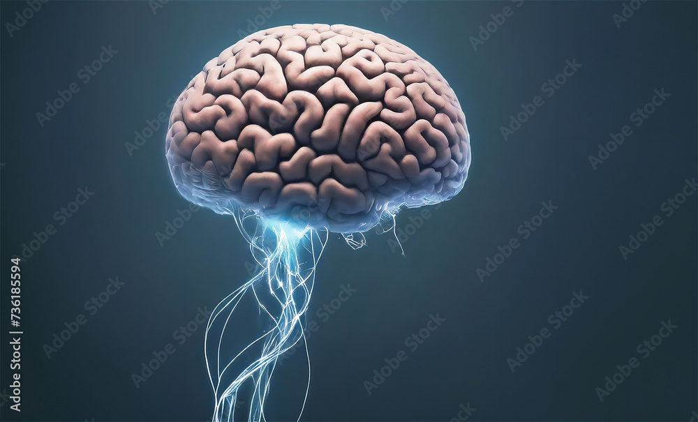 Human brain with electric impulses leading in to it. Human brain on ...
