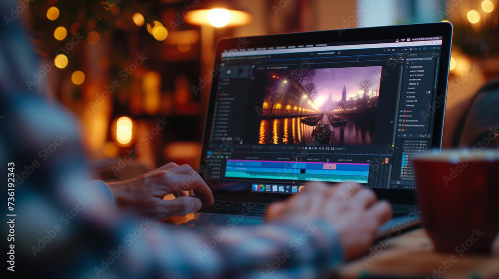 Person editing cinematic video on a laptop in a cozy workspace with a ...