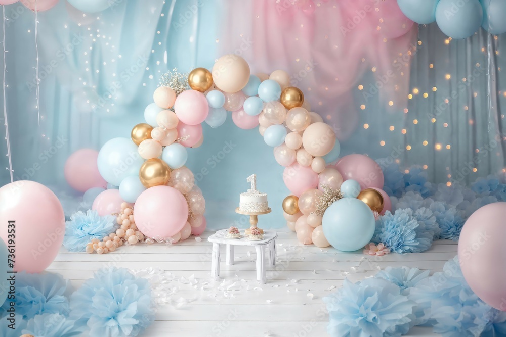 Colorful First Birthday Celebration with Cake and Balloons Stock Photo ...