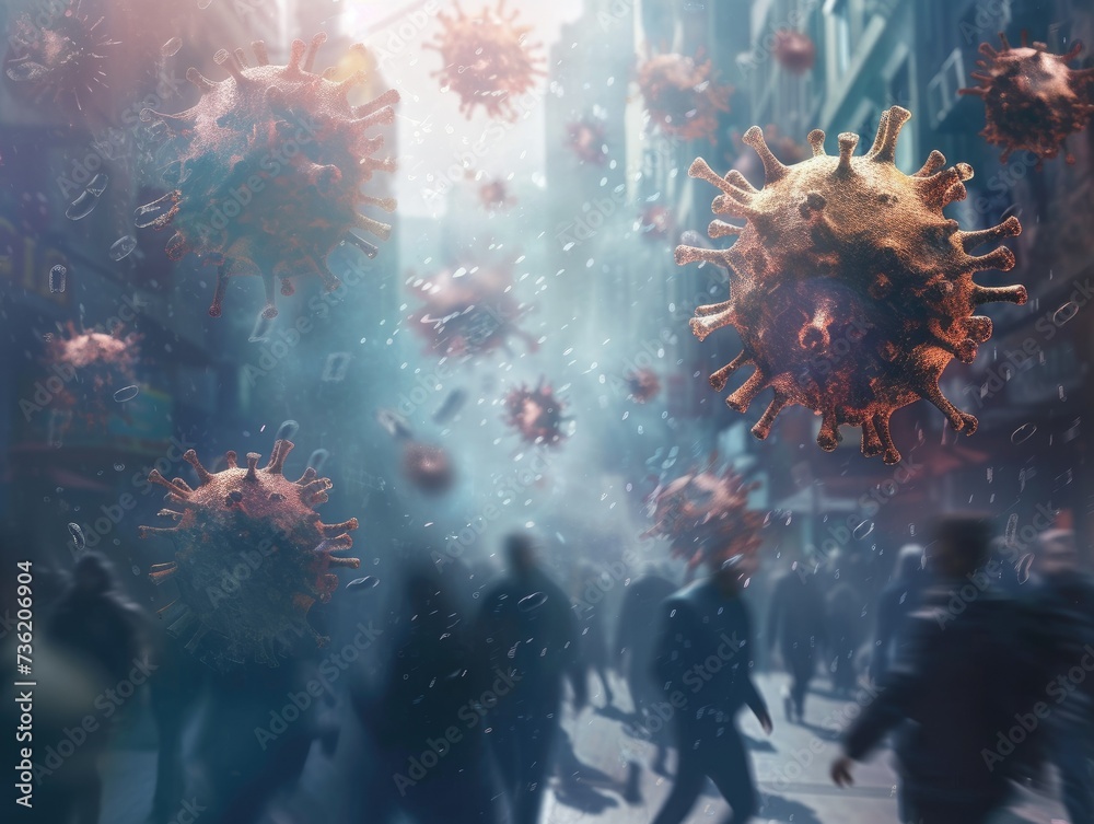 Airborne viral disease particles dispersing in the air a blurred ...