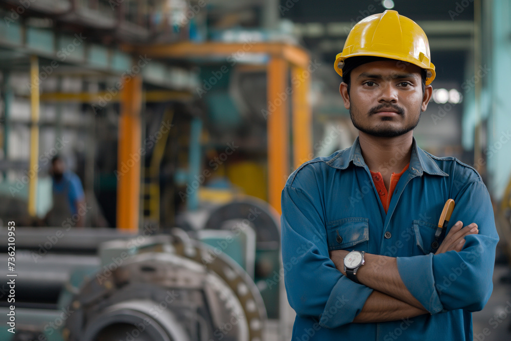 Indian Workers men in factories and warehouses wearing safety helmets ...