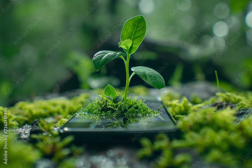 Nature is growing from a smartphone in the hands of an engineer, revealing the natural beauty of ...