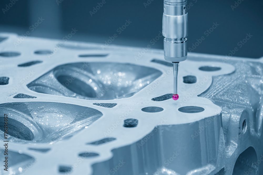 The multi axis CMM machine measuring the aluminum cylinder head parts ...