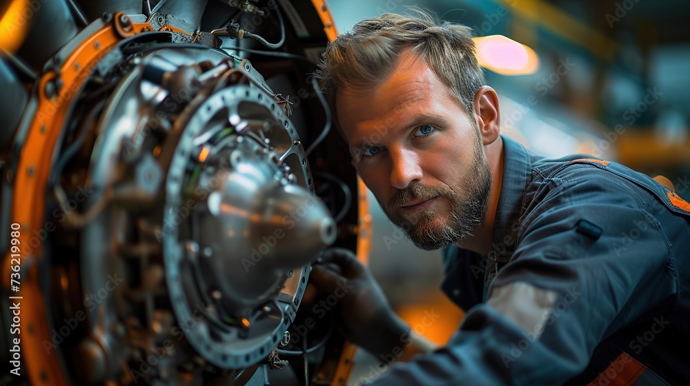 Airplane mechanic works on airplane jet engines in hangar Stock Photo ...