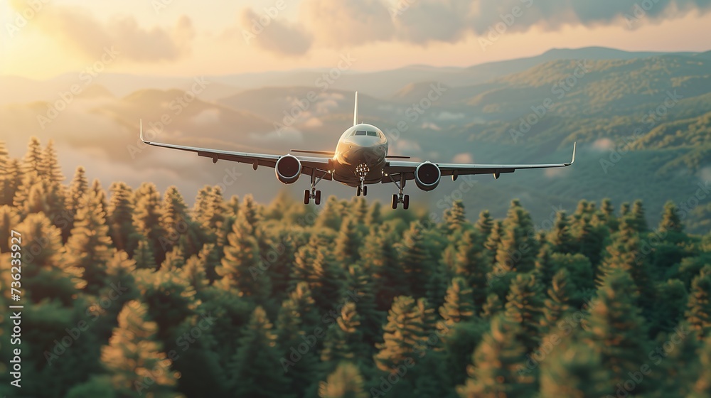 Environmentally friendly air transport concepts An airplane flies in ...