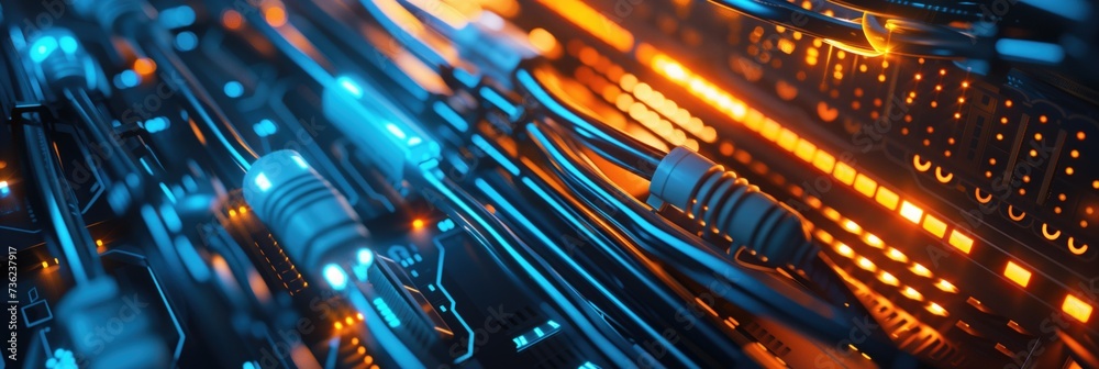 Blue and orange glowing data storage server room with switchboard ...