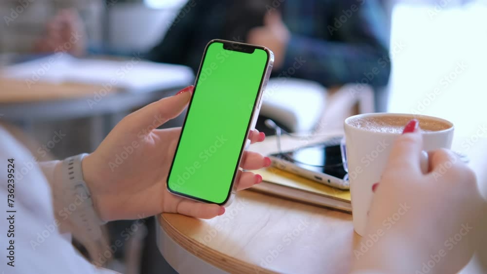 Businesswoman, hands or green screen phone in coffee shop, restaurant ...