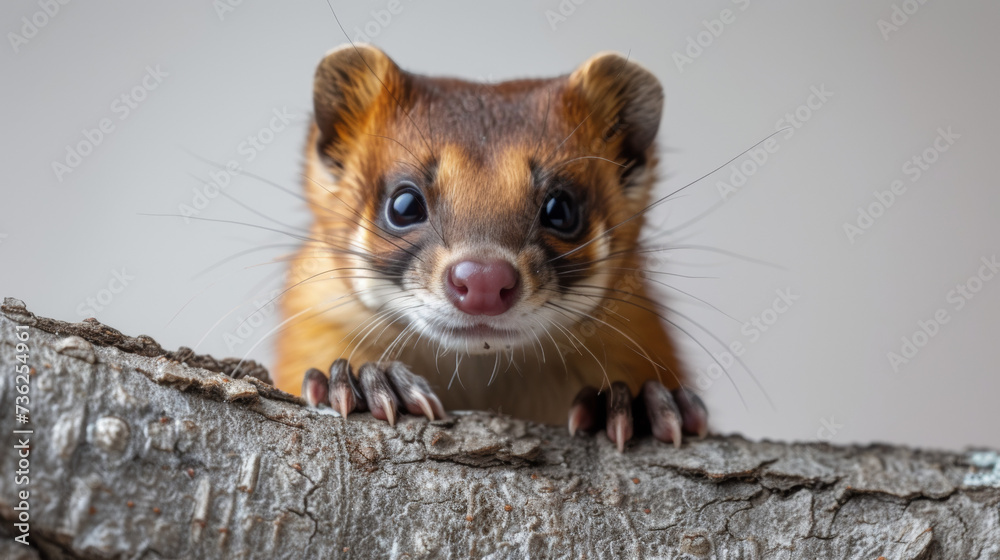 A curious mustelid, resembling a miniature ferret, peers from a tree ...