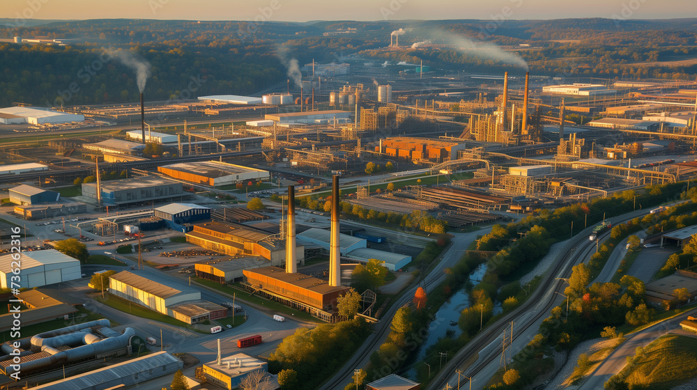 Aerial view of a sprawling industrial complex with factories ...