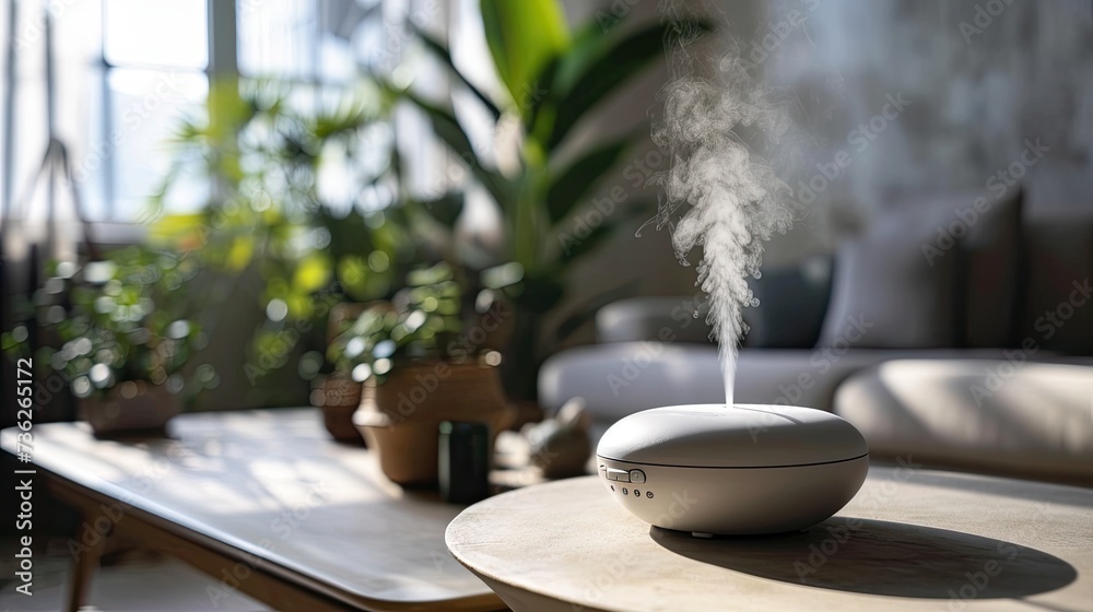 Aroma oil diffuser on table in modern home, steam rising from diffuser ...