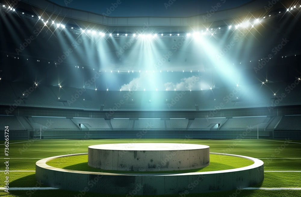 podium in the center of a stadium, surrounded by rows of empty seats ...