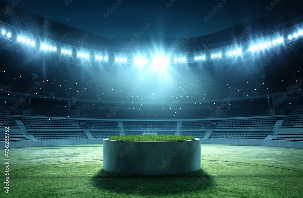 podium in the center of a stadium, surrounded by rows of empty seats ...