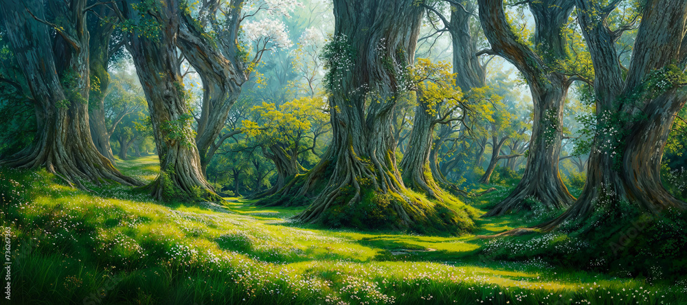 Fantasy forest with old trees and twisted curvy trunks with leafy ...