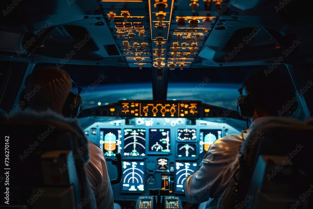 Airline pilots in the plane s cockpit while flying commercially Stock ...