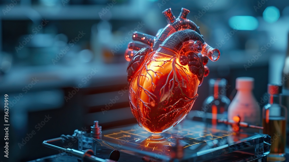 A highly detailed, 3D-printed heart model with visible arteries on a ...