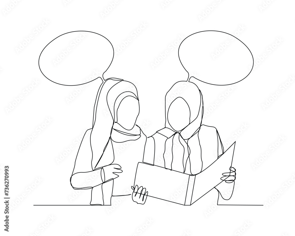 Continuous single line sketch drawing of muslim islamic woman hijab ...