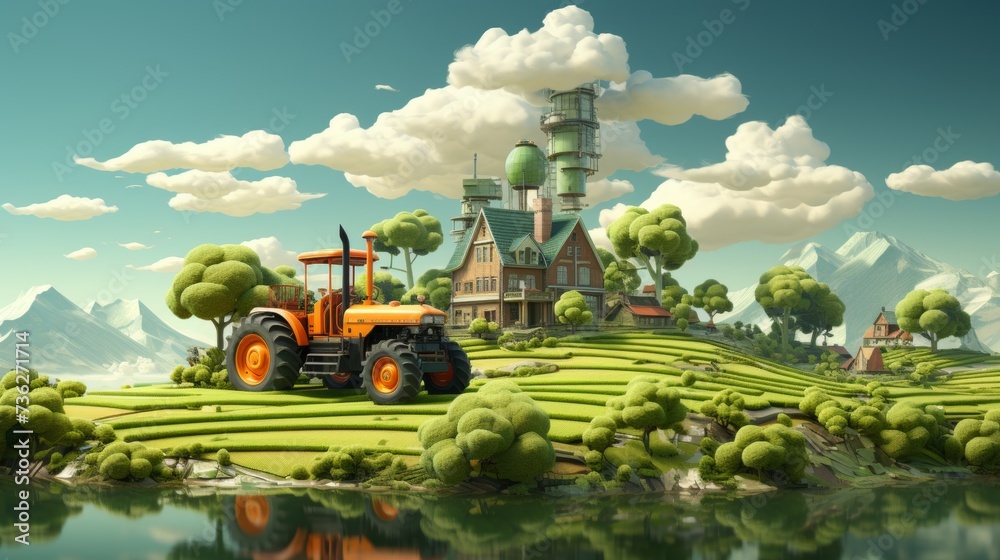A concept of smart farming with a tractor on a floating piece of land ...