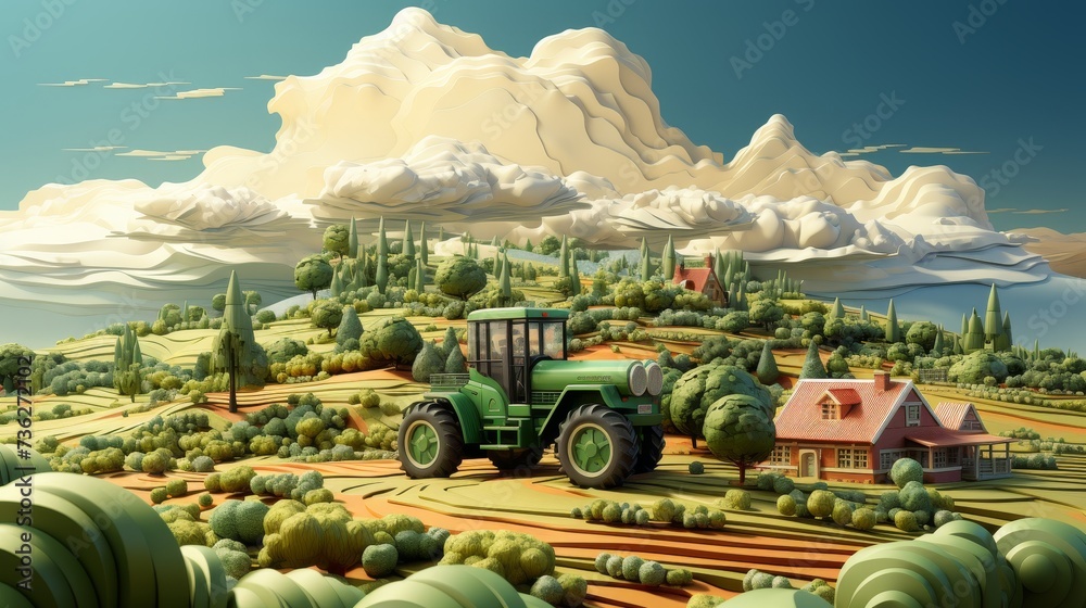 An isometric view of farm land with a tractor harvesting crops. A cross section of a wheat farm ...