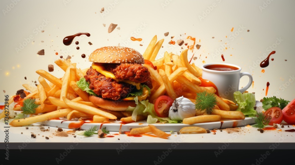 Floating fast food dishes isolated on white abstract background. Burger ...