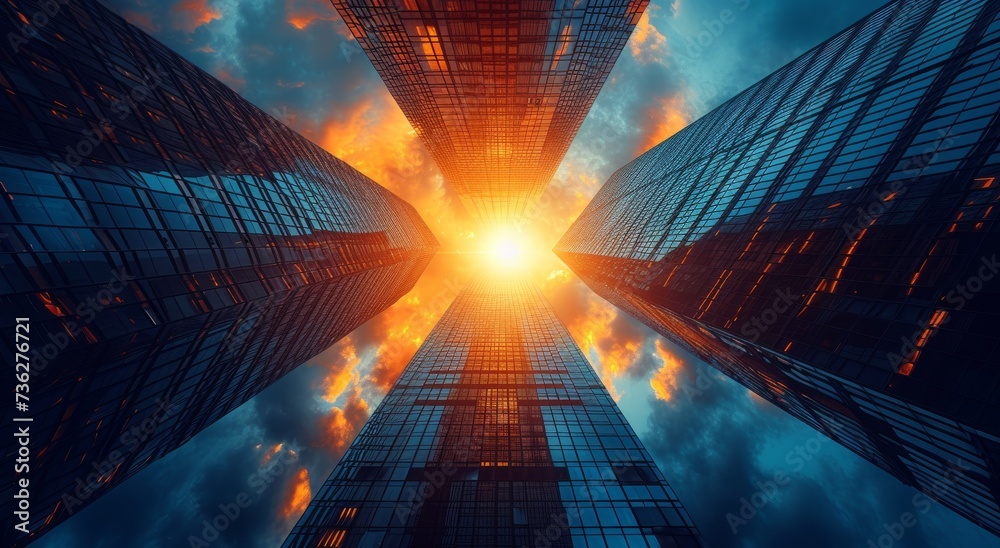 Captivating symmetrical skyline, illuminated by the sun's rays through ...
