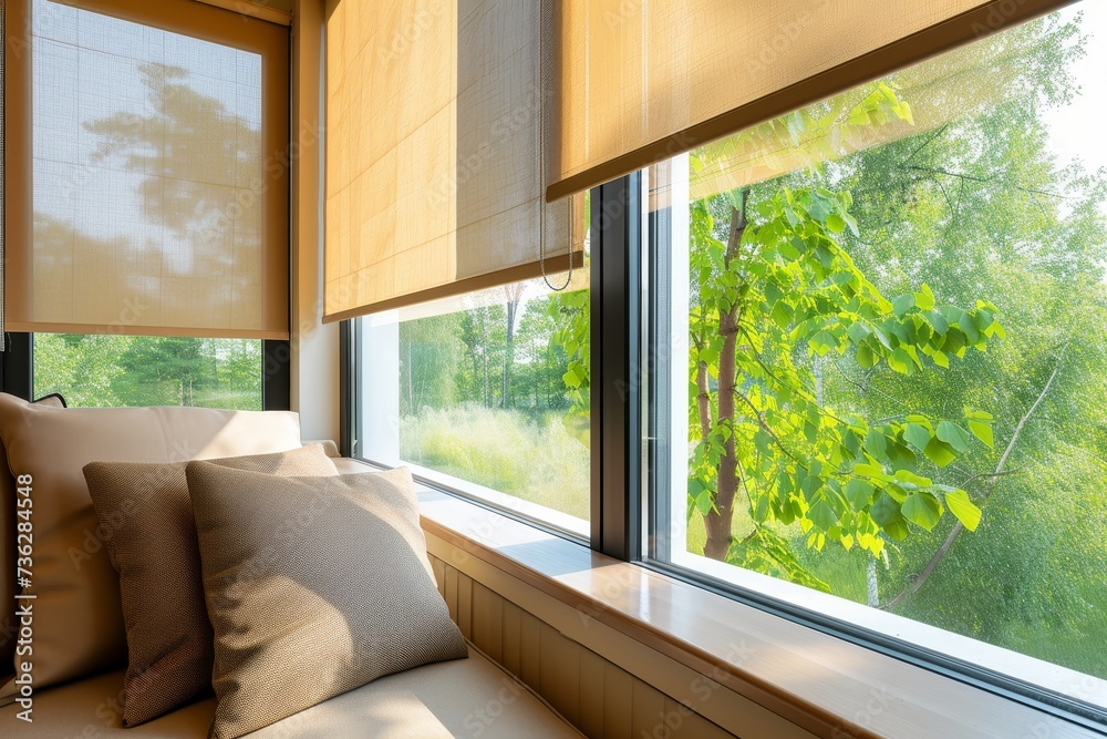 Summer with green trees outside motorized roller shades in beige color ...