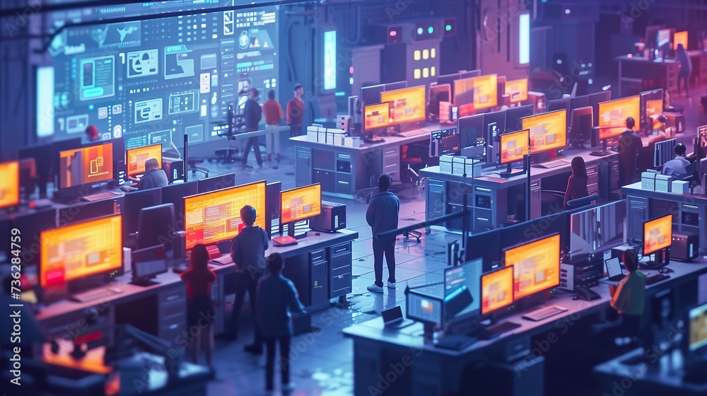 This image captures the intense atmosphere of a high-tech control room ...