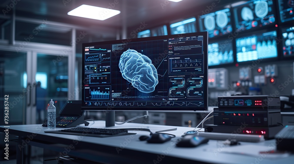 Modern neuroscience research lab with a detailed brain activity ...