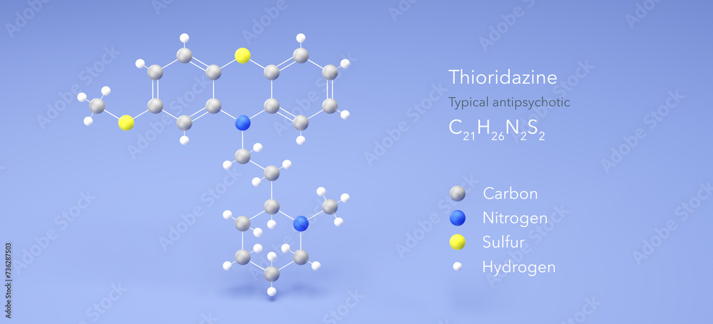 thioridazine molecule, molecular structures, typical antipsychotic, 3d ...