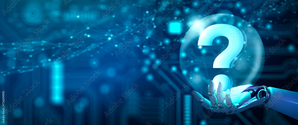 Photo Ai Robot hand hold digital question mark, Peachayatanomsup ...