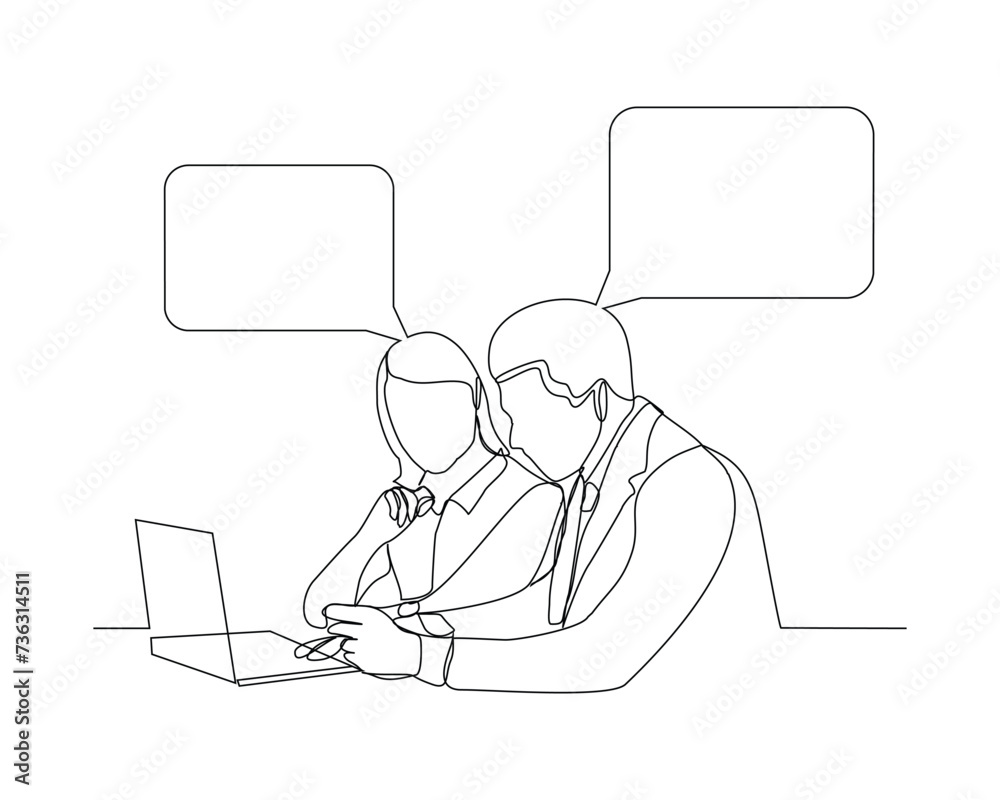 Continuous single line sketch drawing of two man and woman coworker ...