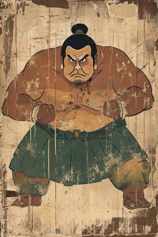 Illustrative artwork of an aggressive sumo wrestler in combat stance ...