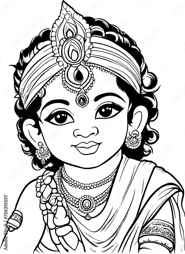 Little Krishna coloring page line drawing vector design, Outline baby ...