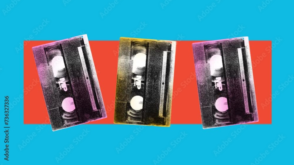 Stop motion. Modern creative animation. Three vintage cassettes in ...