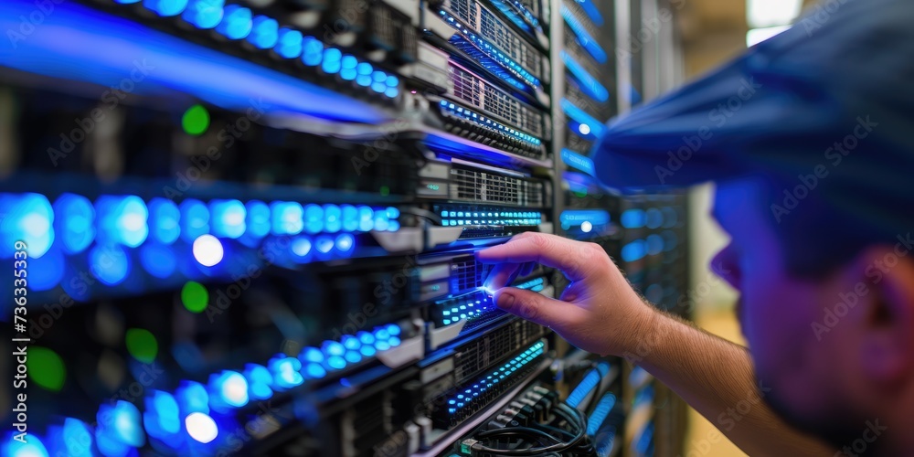 Database server center with the silhouette of an IT Engineer overseeing high-speed data transfer ...