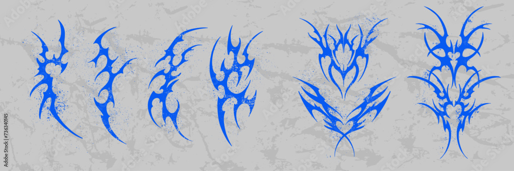 Y2k neo tribal tattoo sticker set, vector gothic futuristic flames ...